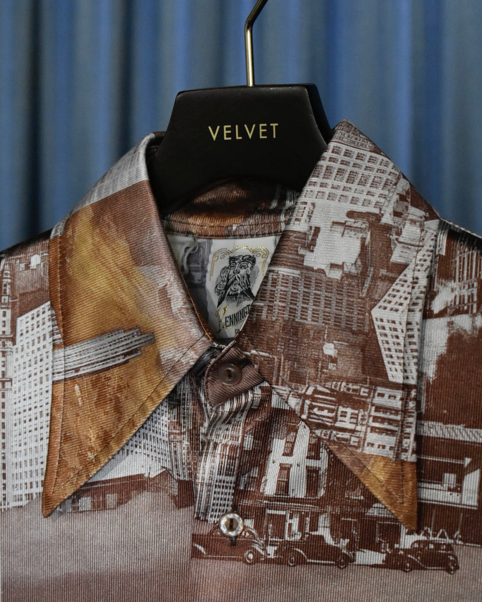 Vintage《KENNINGTON》1970s Building&White Mountain Picture Print Shirt ...